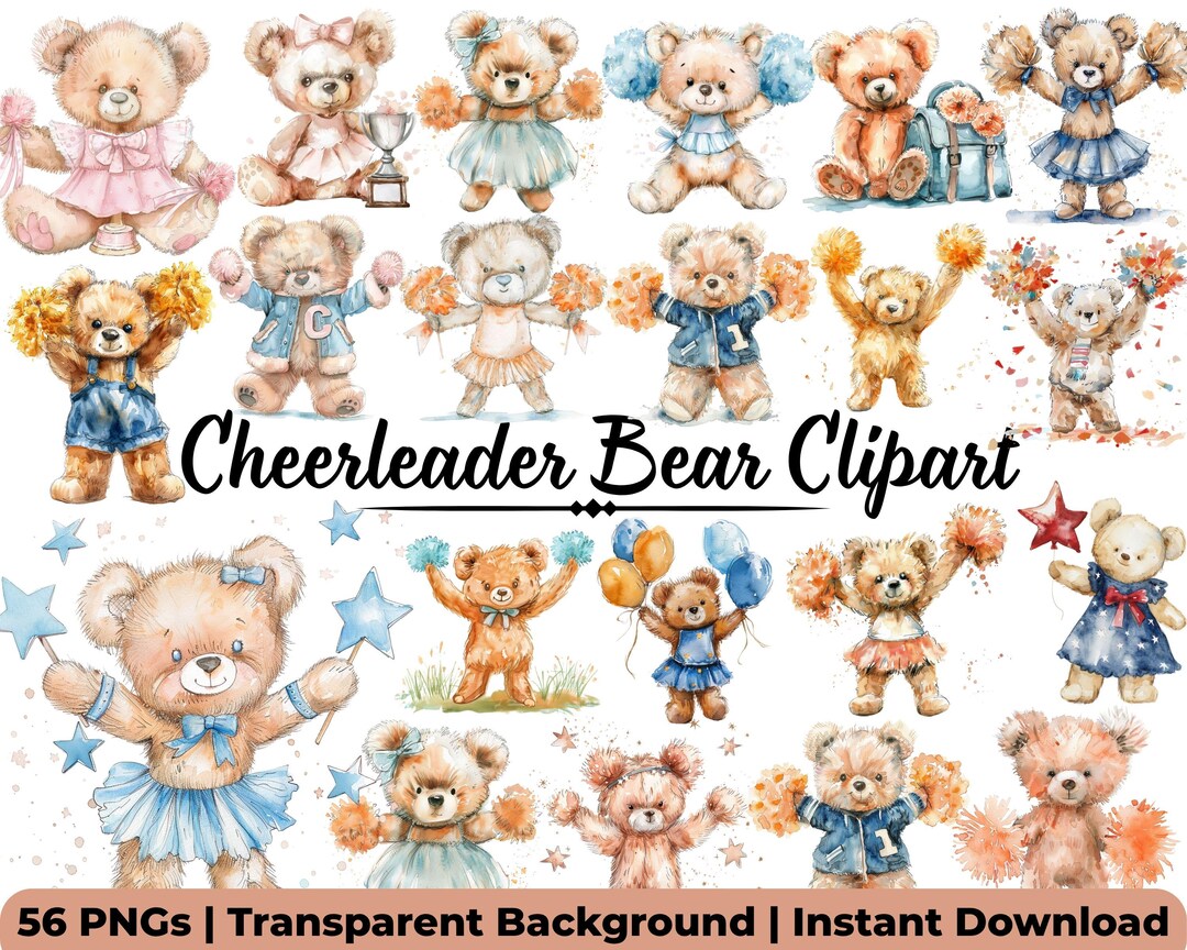 Cheerleader Bear Clipart | 55+ Watercolor Cheer Bears PNG | School ...