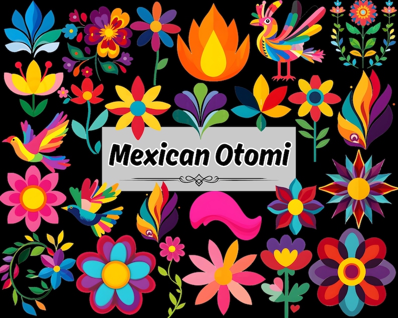 Otomi Mexican Clipart, Vibrant Fiesta Flowers, Otomi Animals Art ...