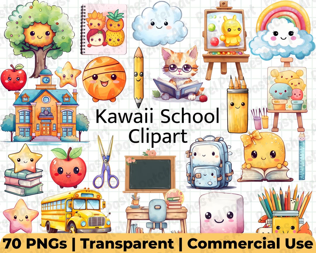 Kawaii School Clipart, Cute School Supplies, Back to School Clipart ...