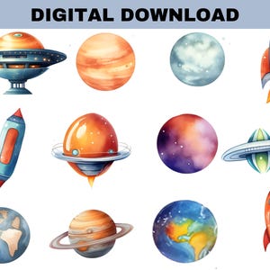 Space Clipart, Watercolor Astronaut With Cute Planets and Rockets ...