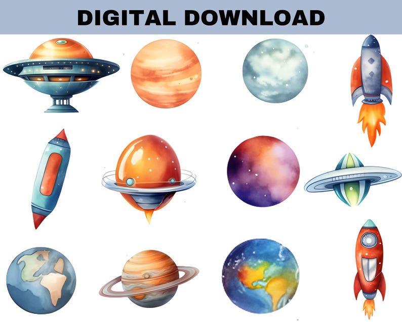 Space Clipart, Watercolor Astronaut With Cute Planets and Rockets ...