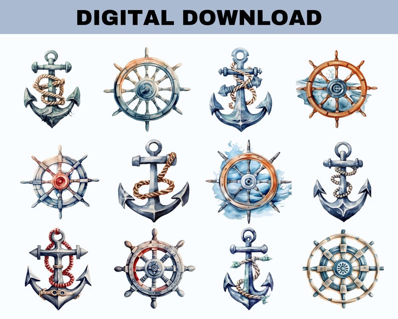 Watercolor Anchor Clipart, Nautical Ship Wheel Illustration, Anchor and ...