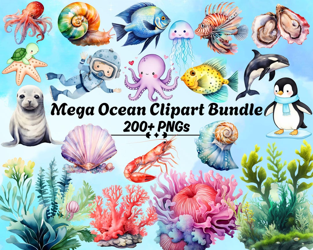 200+ Mega Ocean Clipart Bundle PNG | Watercolor Sea Creatures ...