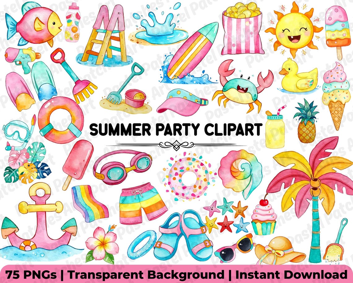 Vibrant Summer Party Clipart | Watercolor Pool & Beach Clip Art Bundle ...
