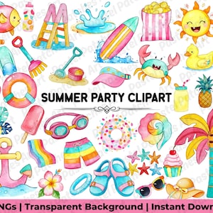 Vibrant Summer Party Clipart | Watercolor Pool & Beach Clip Art Bundle ...