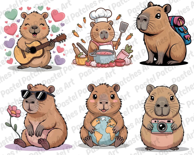 Cute Capybara Clipart PNG Bundle – 40+ Commercial Use Sublimation and ...