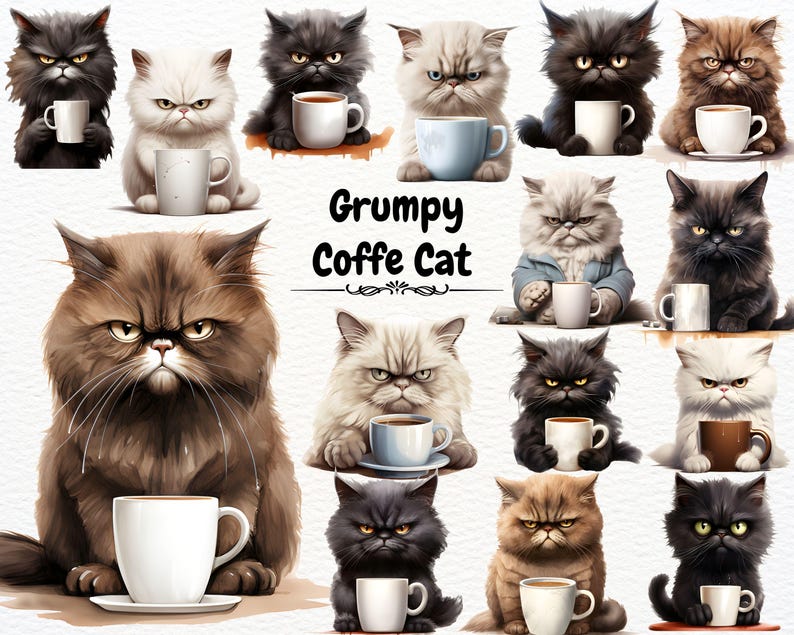 Grumpy Coffee Cat Clipart, Angry Cat Clipart, 25+ Moody Cat Images ...