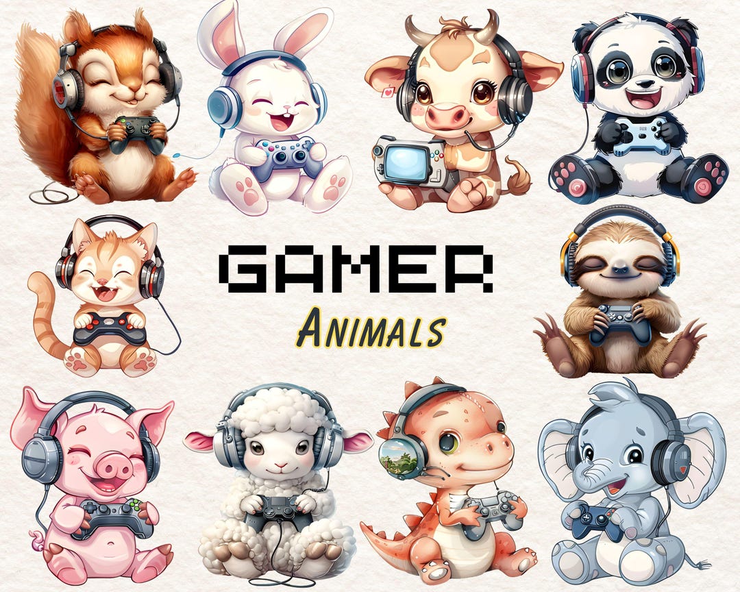 Gaming Animals Clipart Bundle, Gamer Nursery Decor, Cartoon Game PNG ...