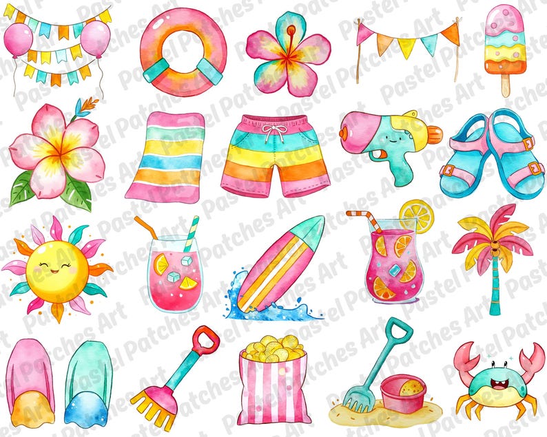 Vibrant Summer Party Clipart | Watercolor Pool & Beach Clip Art Bundle ...