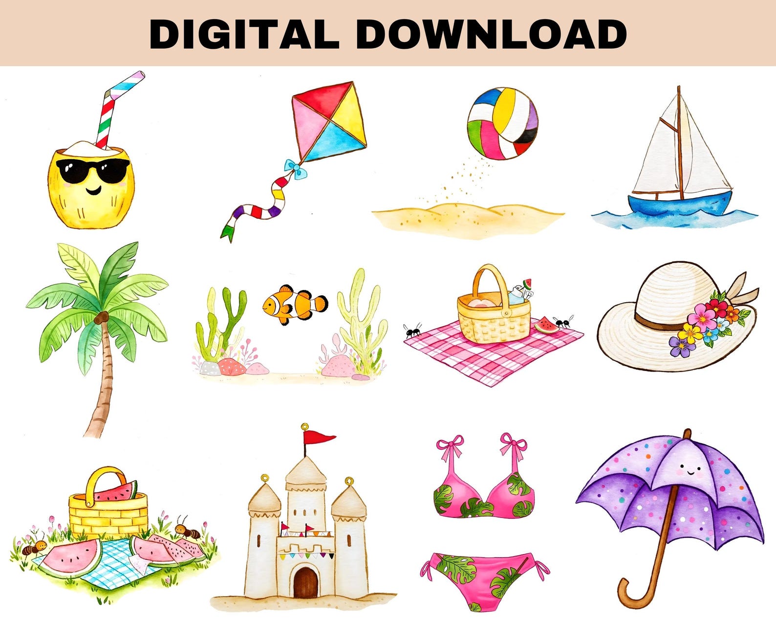 Watercolor Summer Beach Clipart, Pool Party Clipart, Ocean Clipart ...