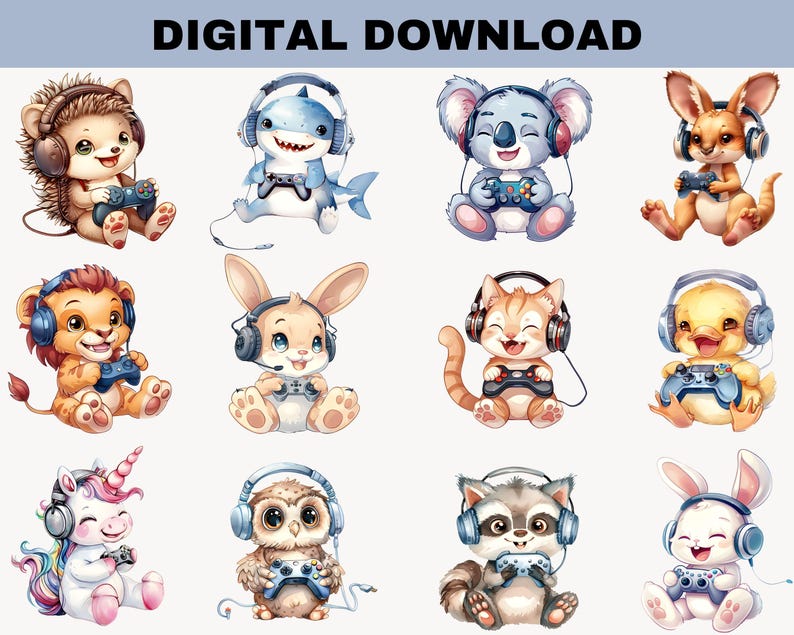 Gaming Animals Clipart Bundle, Gamer Nursery Decor, Cartoon Game PNG ...