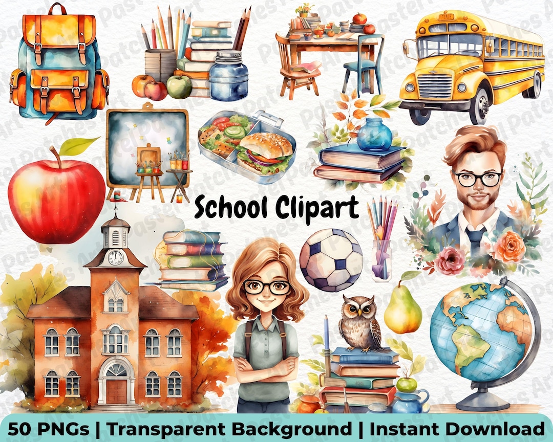 Watercolor School Clipart - Back to School Illustrations, School Kids ...