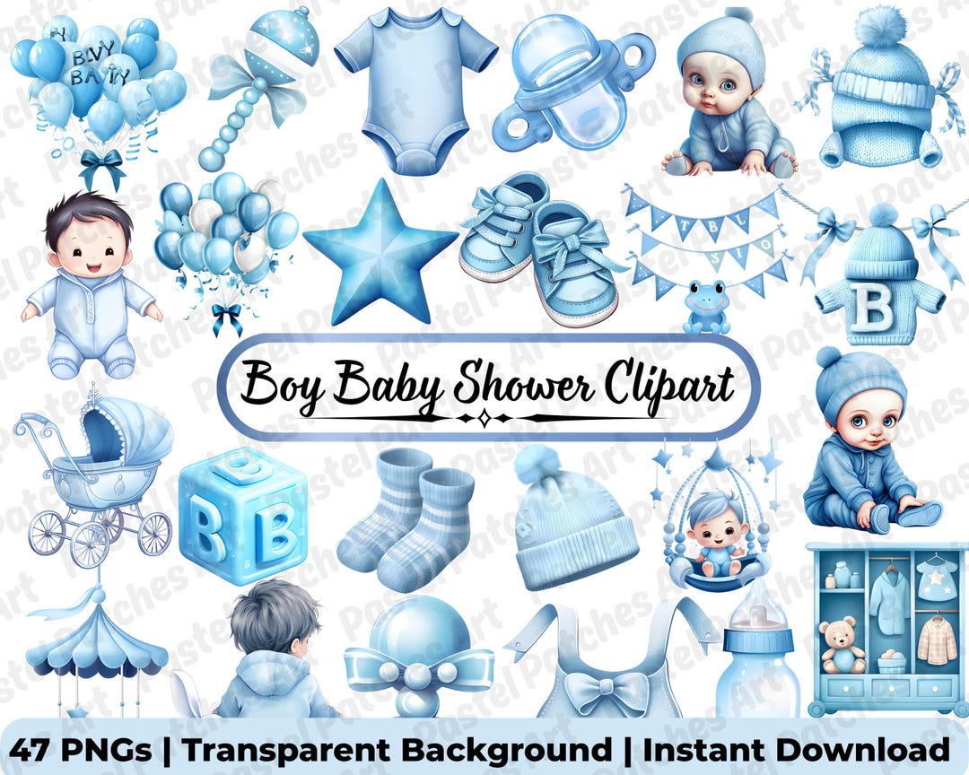 Boy Baby Shower Clipart | Nursery Art | Watercolor Baby Blue Theme ...