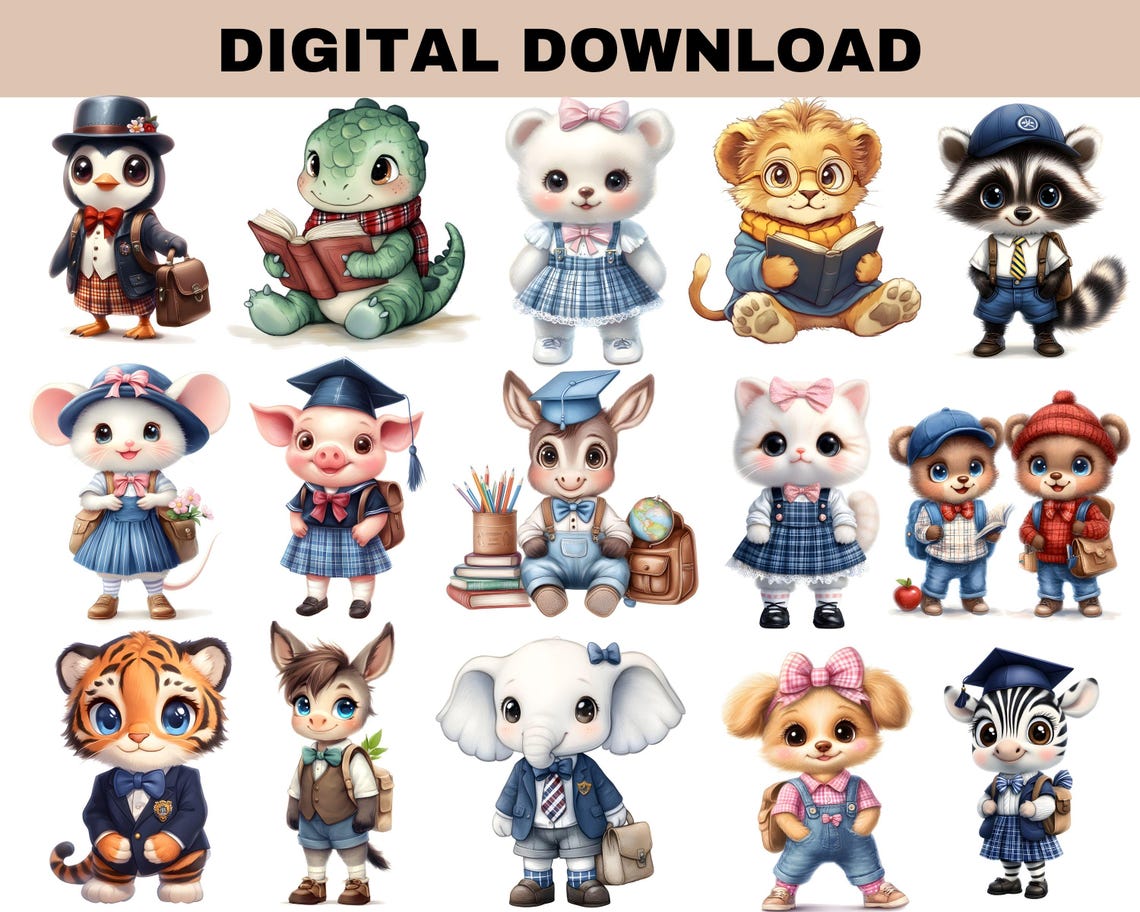 School Animal Clipart, Baby School Farm Animals Clipart, Classroom ...