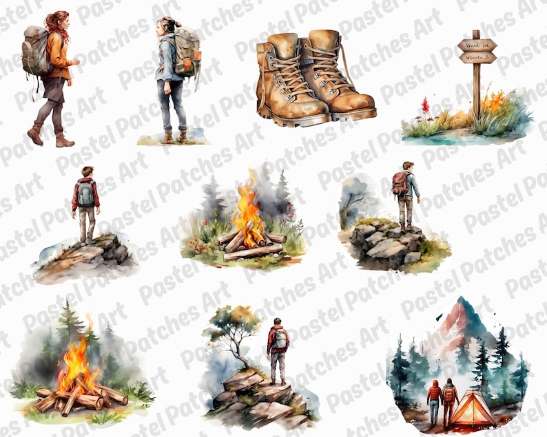 Hiking Clipart, Camping Clipart, Landscape Clipart, Hiker Clipart ...
