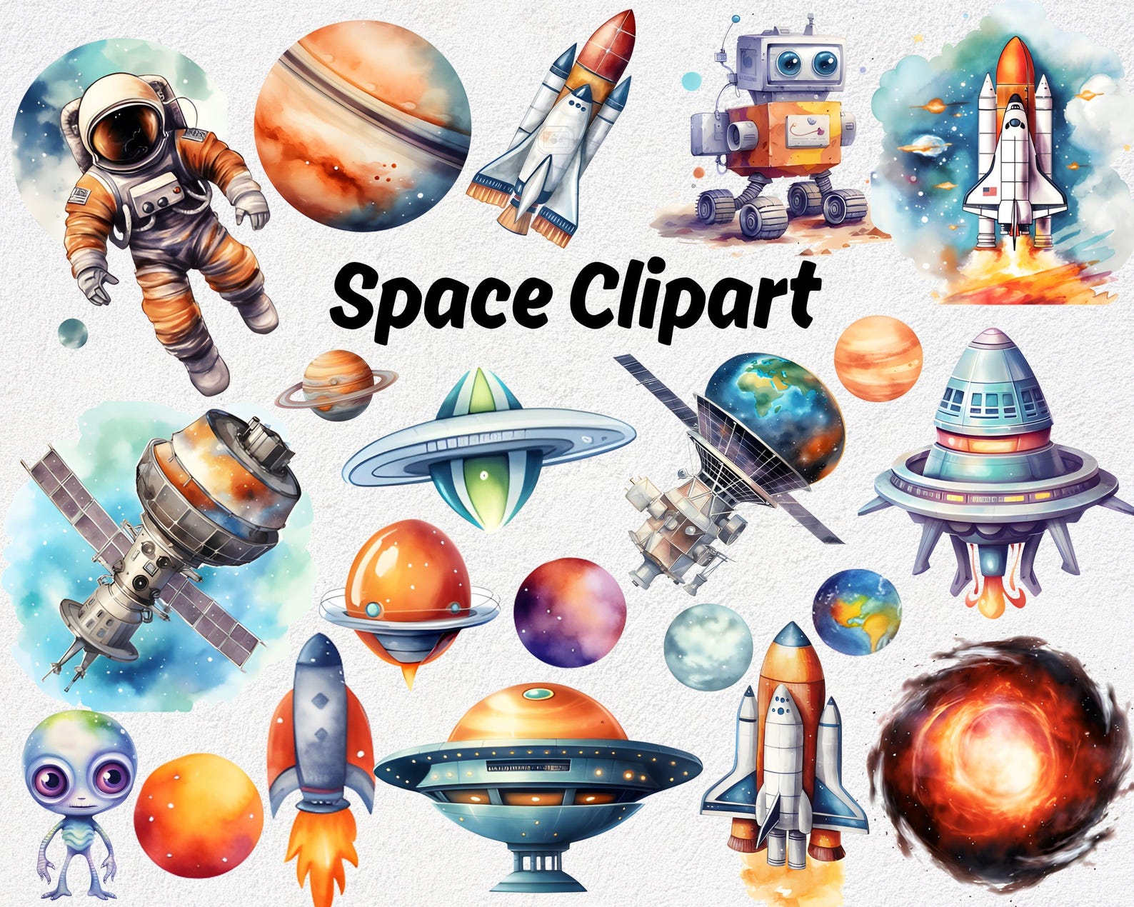 Space Clipart, Watercolor Astronaut With Cute Planets and Rockets ...