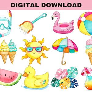 Vibrant Summer Party Clipart | Watercolor Pool & Beach Clip Art Bundle ...