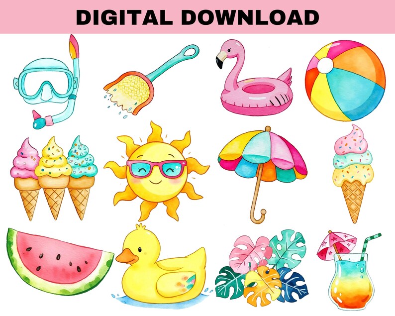 Vibrant Summer Party Clipart | Watercolor Pool & Beach Clip Art Bundle ...