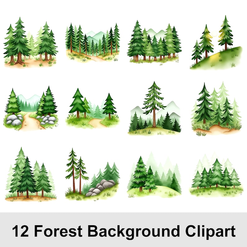 12 Watercolor Forest Tree Clipart PNG | Whimsical Woodland Pine Trees ...