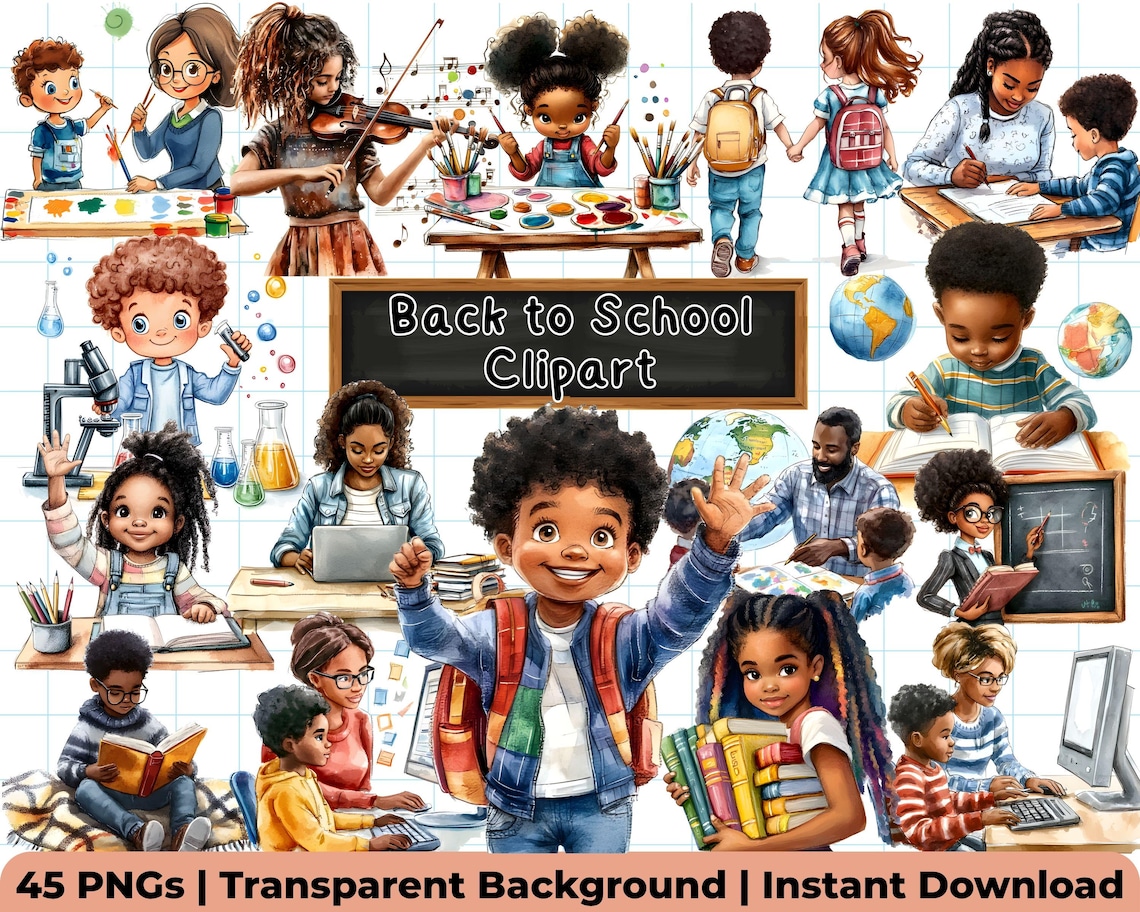Back to School Clipart, Black Teacher Clipart, Cute Afro-american ...