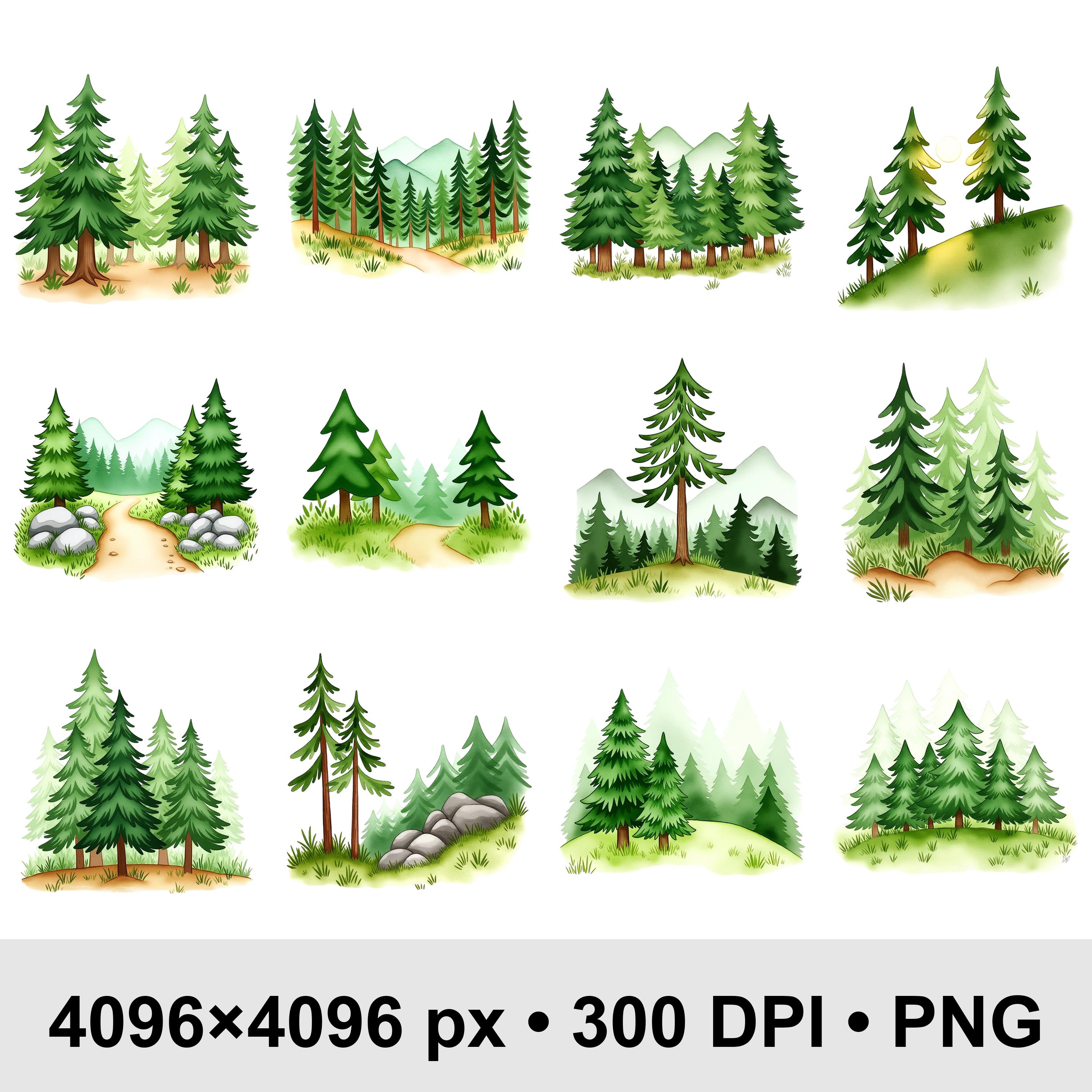 12 Watercolor Forest Tree Clipart PNG | Whimsical Woodland Pine Trees ...