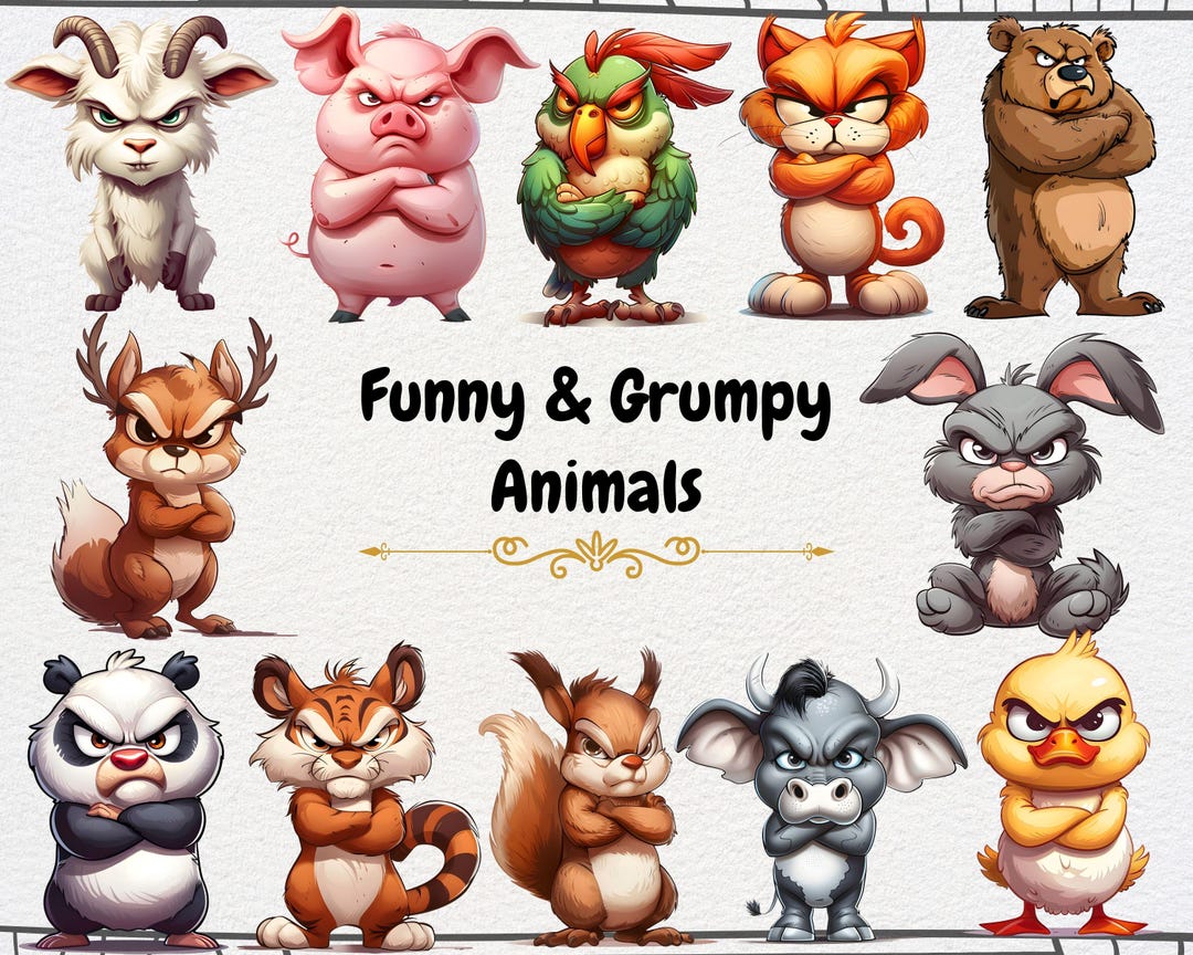 Grumpy Animals Clipart Bundle, Funny Cartoon Animals PNG, Cute Farm ...