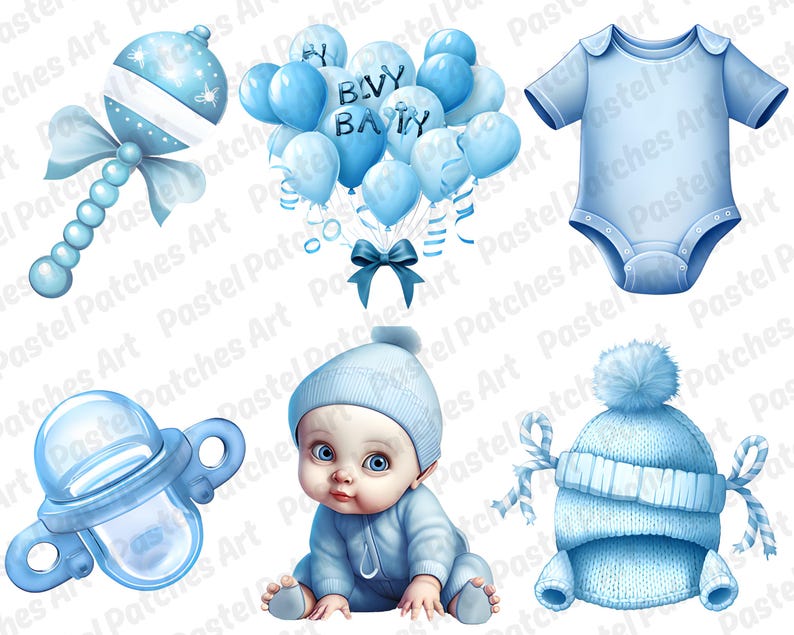 Boy Baby Shower Clipart | Nursery Art | Watercolor Baby Blue Theme ...