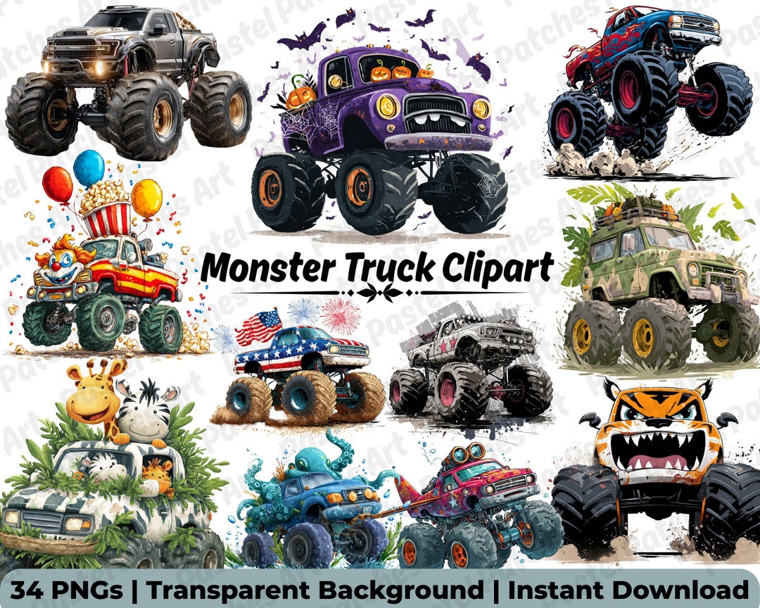 Watercolor Monster Trucks Clipart PNG, 30 Big Truck Illustrations ...