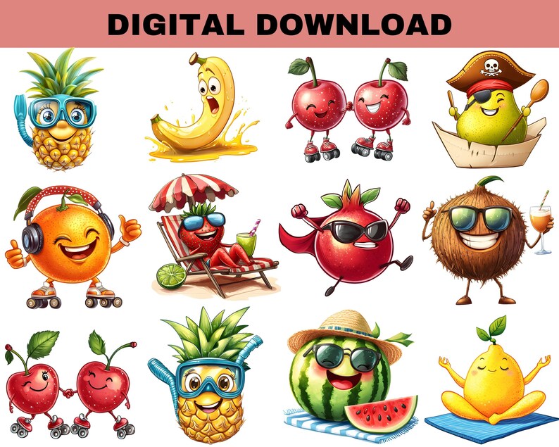 Funny Fruit Clipart Bundle, Watercolor Retro Fruits, Whimsical ...