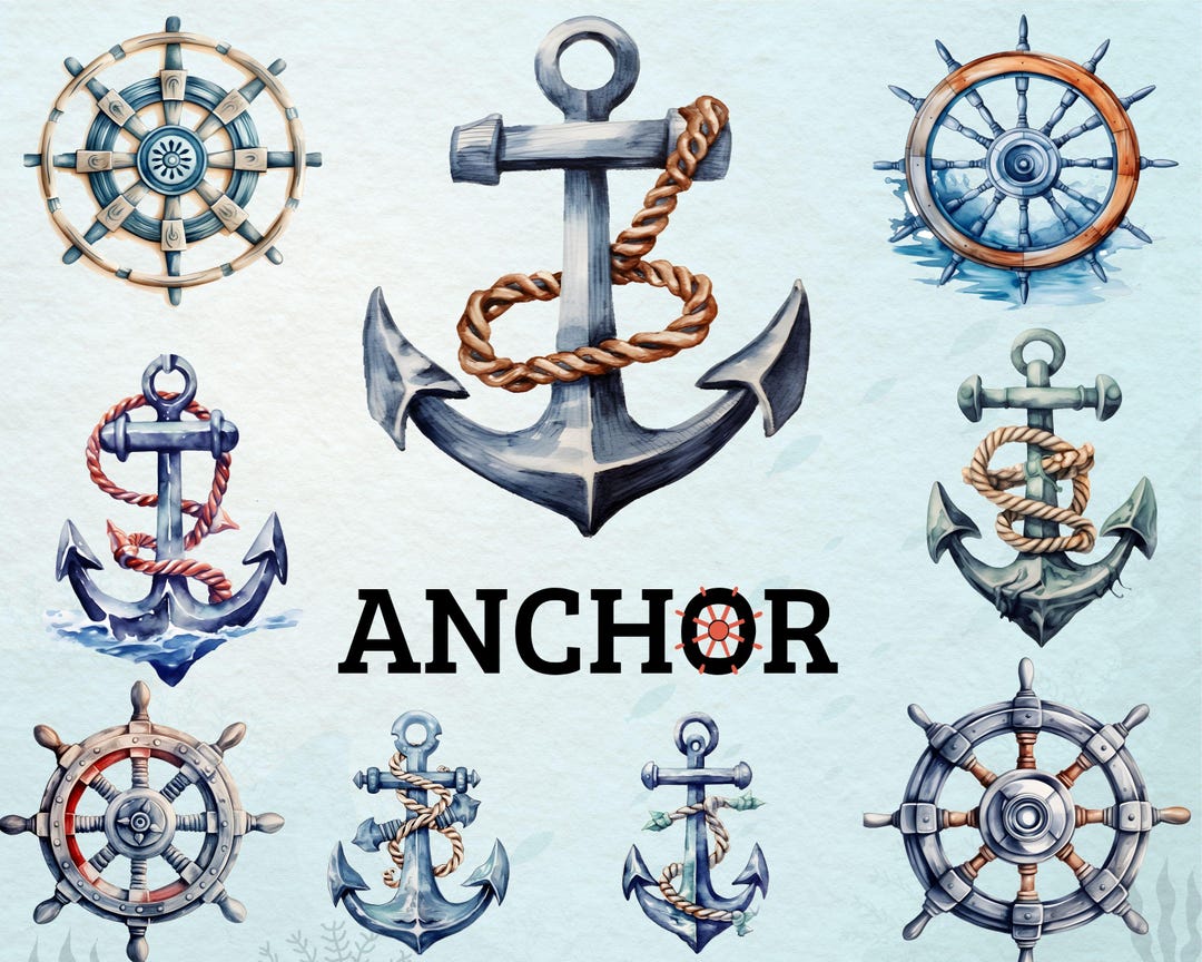 Watercolor Anchor Clipart, Nautical Ship Wheel Illustration, Anchor and ...