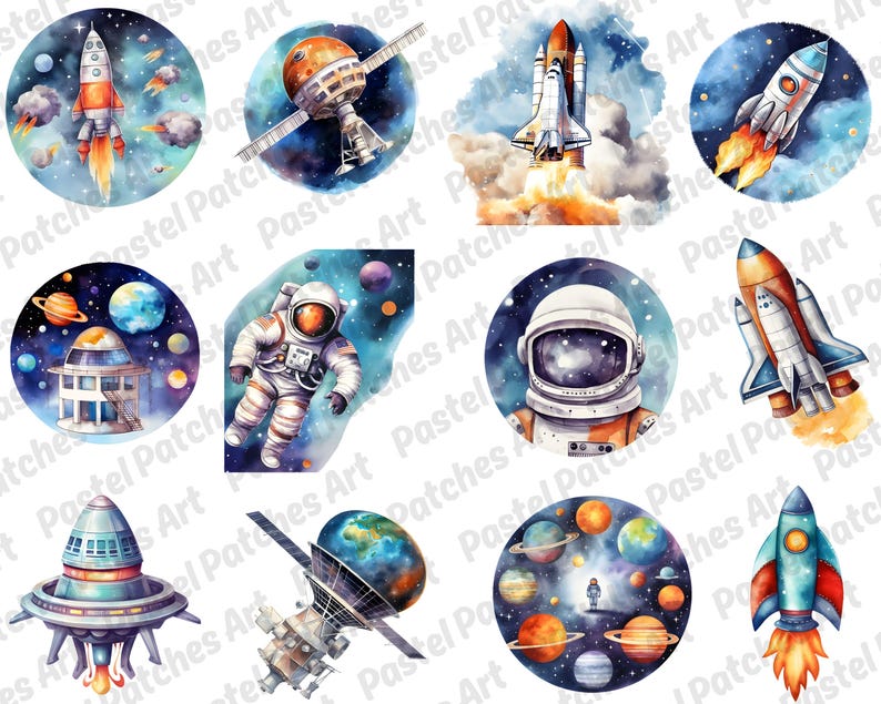 Space Clipart, Watercolor Astronaut With Cute Planets and Rockets ...