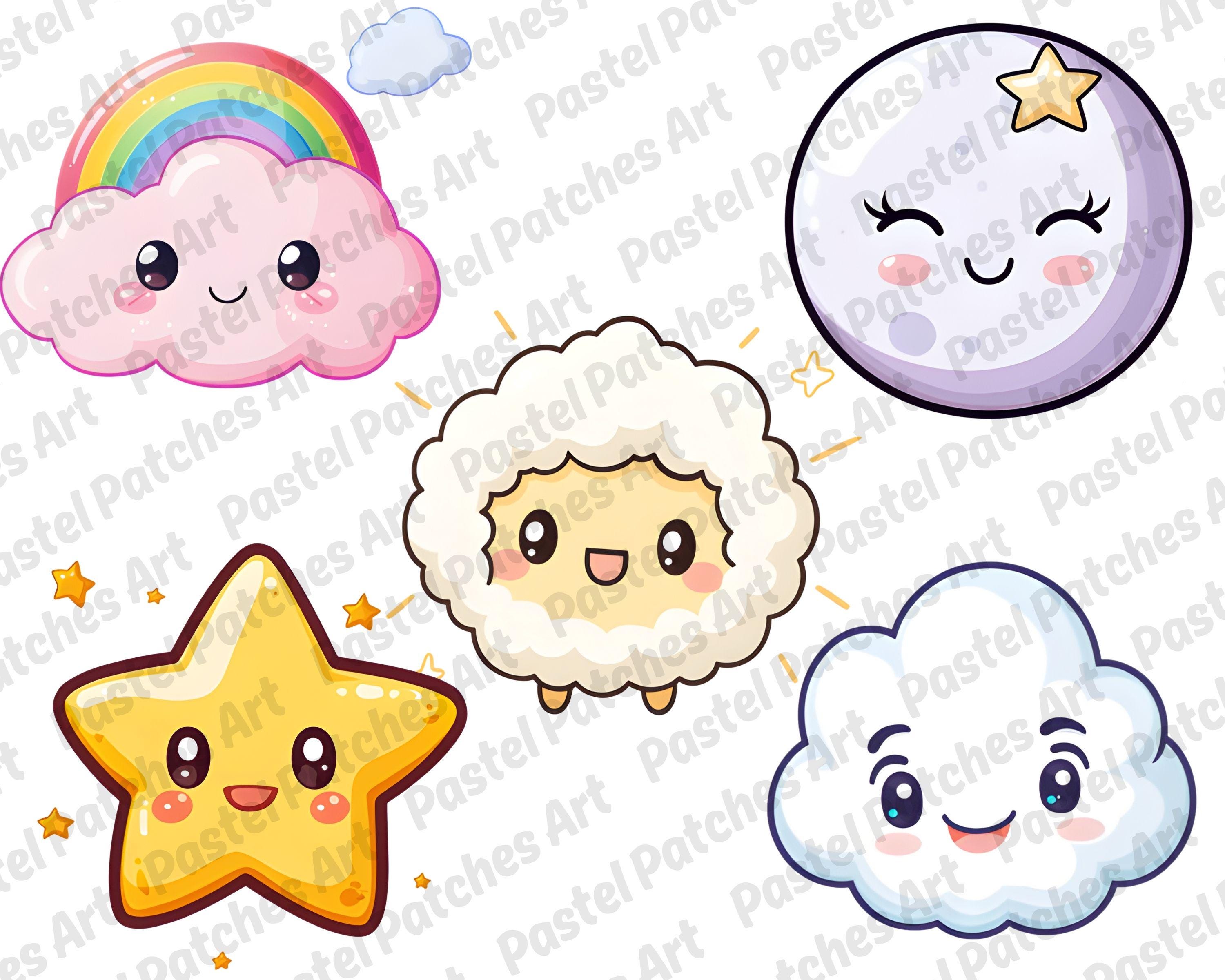 Kawaii Sky Elements Clipart Bundle, Cute Weather PNG Set, Clouds Stars ...