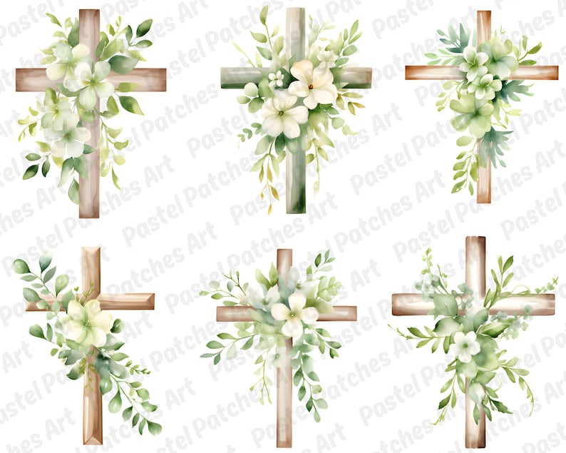 Easter Christian Cross Clipart Set | Watercolor Floral Cross PNG for ...