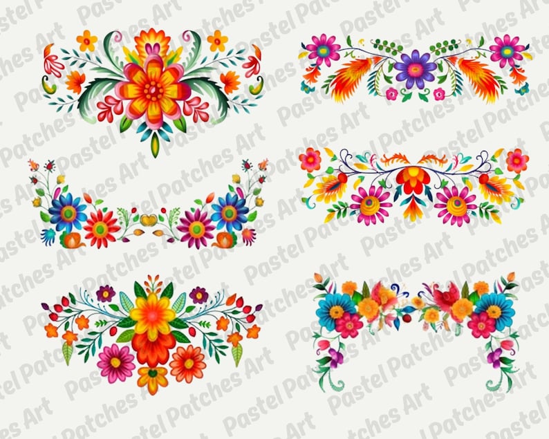 Mexican Fiesta Flowers Clipart, Vibrant Watercolor Otomi Floral ...