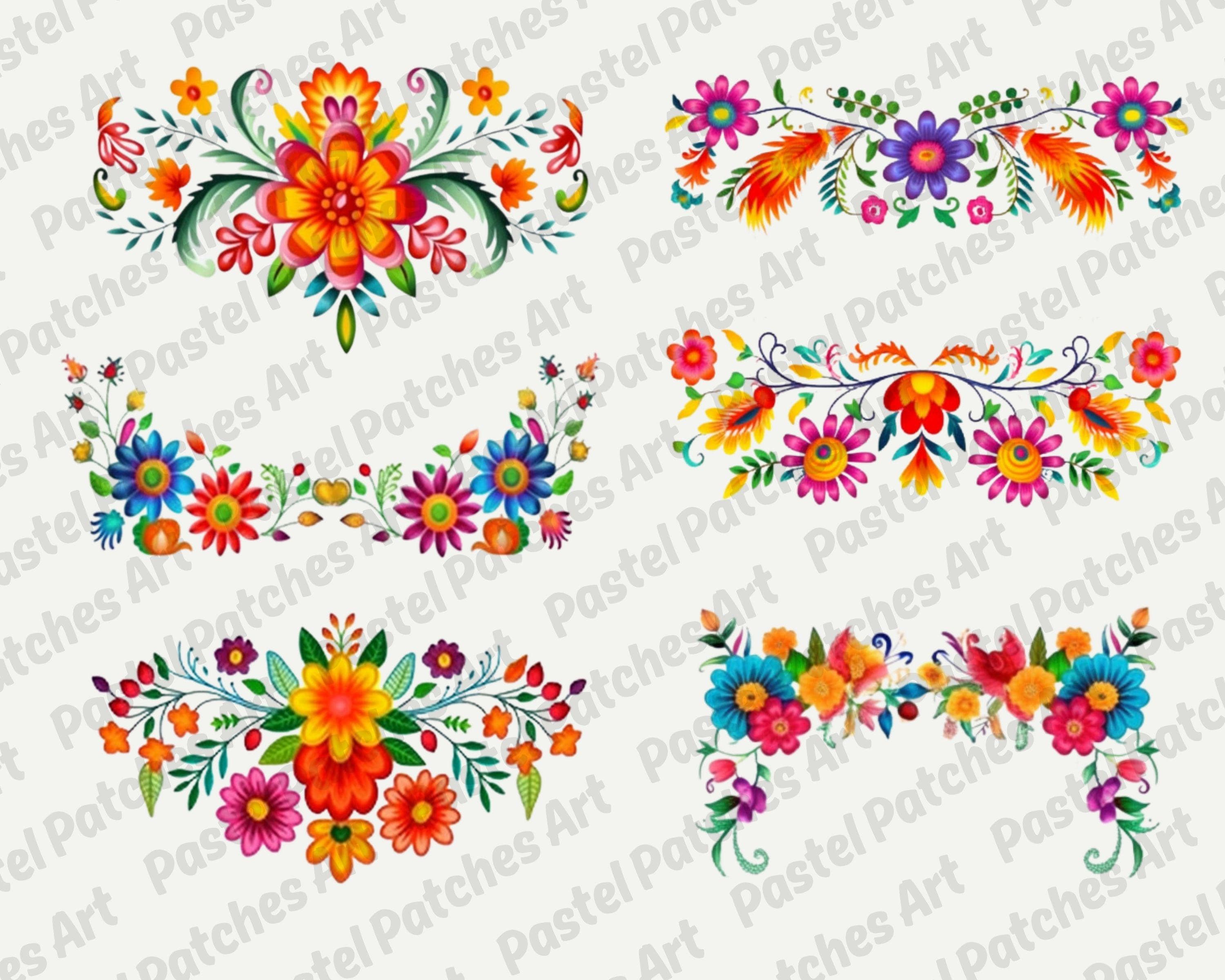 Mexican Fiesta Flowers Clipart Vibrant Watercolor Otomi Floral