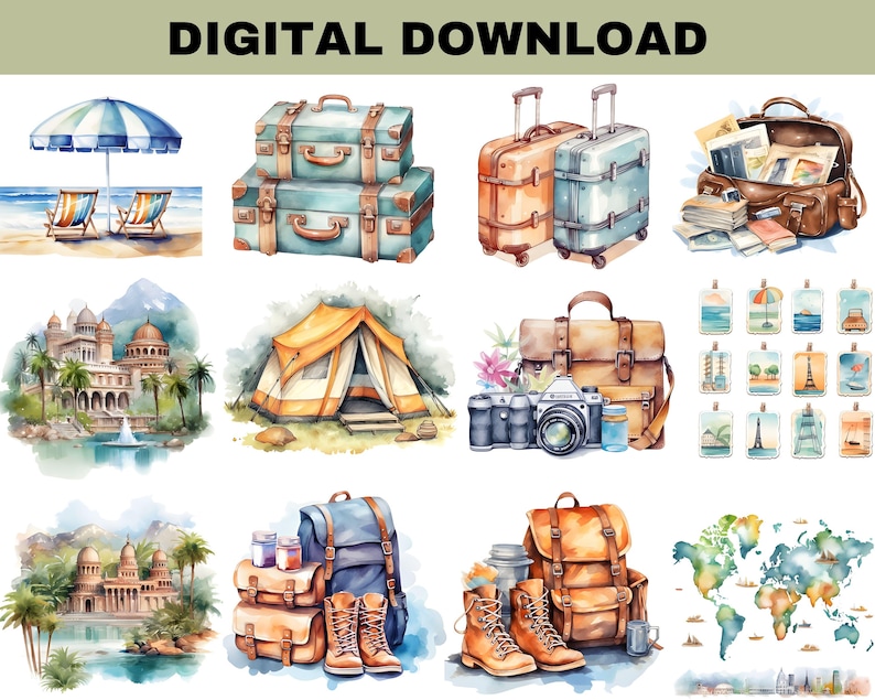 Watercolor Travel Clipart I Vacation Holiday Graphics I Summer Vacation ...