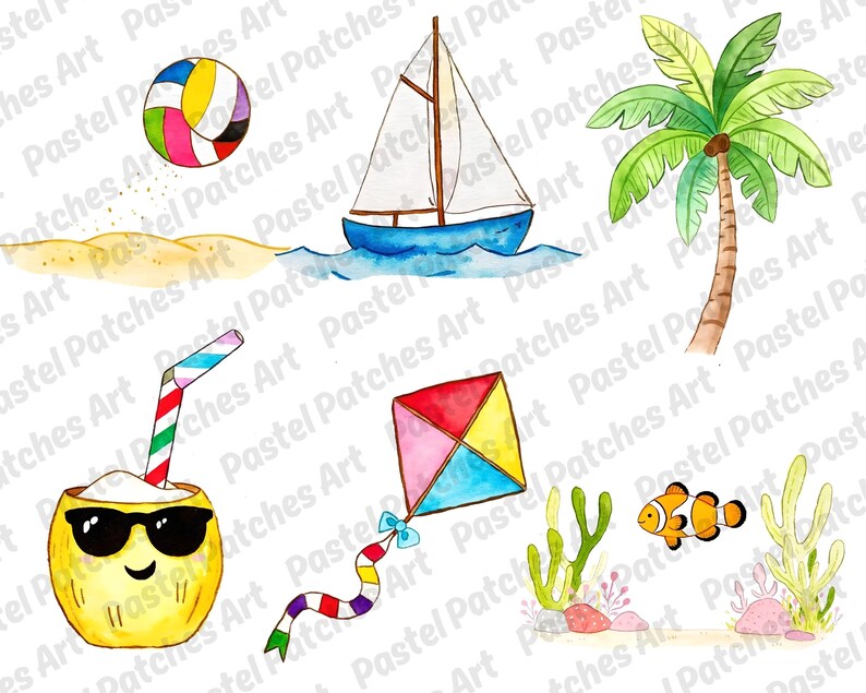 Watercolor Summer Beach Clipart, Pool Party Clipart, Ocean Clipart ...