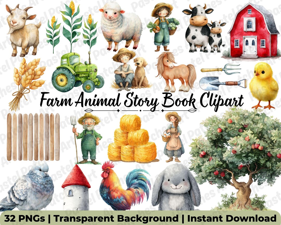 Farm Animal Story Book Clipart | Cute Farm Animals Art (digital ...