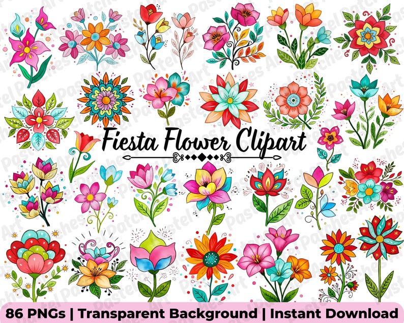 Fiesta Flower Clipart Bundle, Mexican Folk Art Floral PNG for Cinco De ...