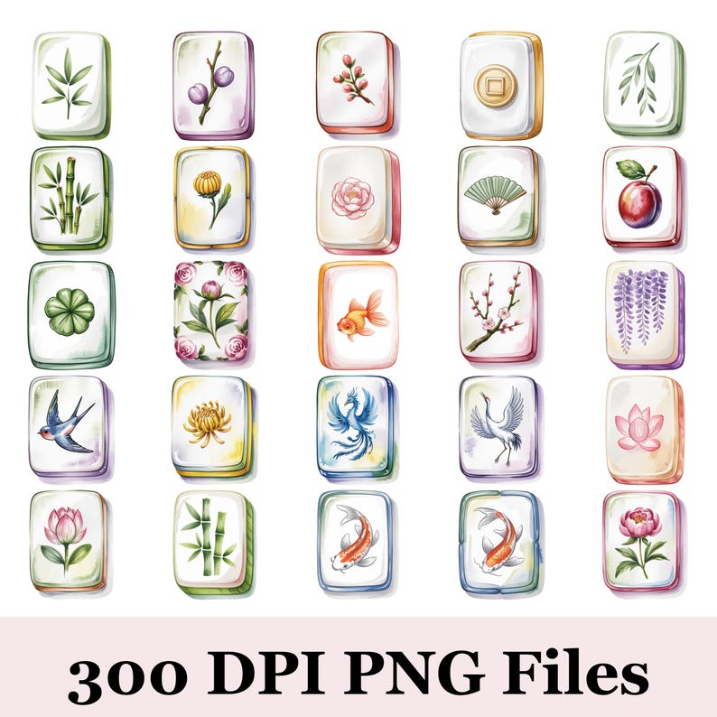 Watercolor Mahjong Tiles Clipart Bundle | 50+ Mahjong PNG Files for ...