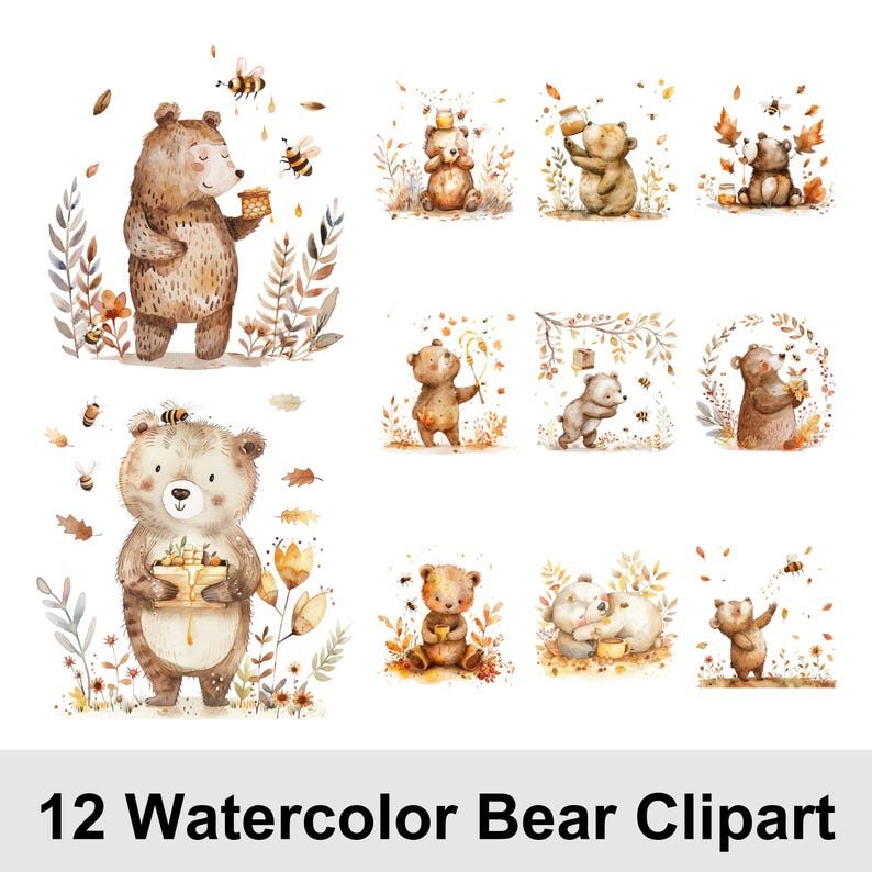 Teddy Bear PNG Bundle, Watercolor Baby Bear Clipart, Cute Nursery Baby ...