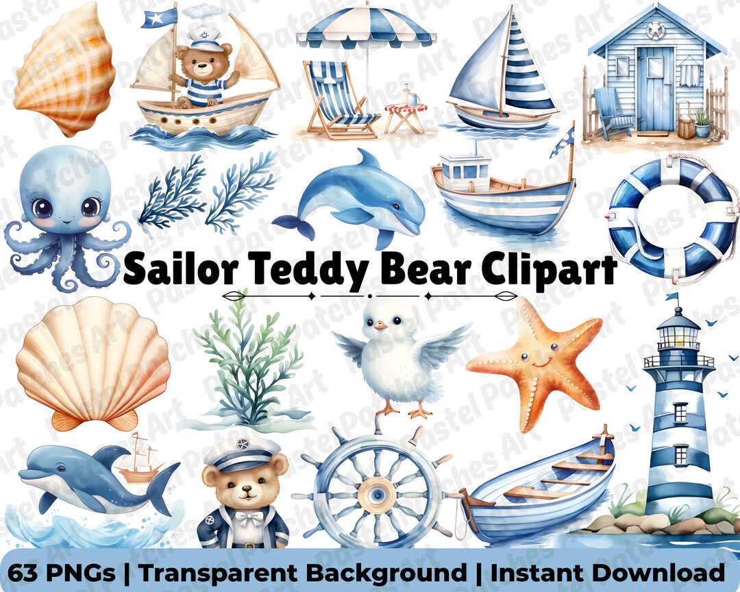 Sailor Teddy Bear Clipart Set, Watercolor Nautical Teddy Bear PNG, Baby ...