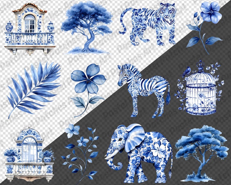 Blue Safari Toile Clipart, Chinoiserie Watercolor Jungle Animals, Blue ...