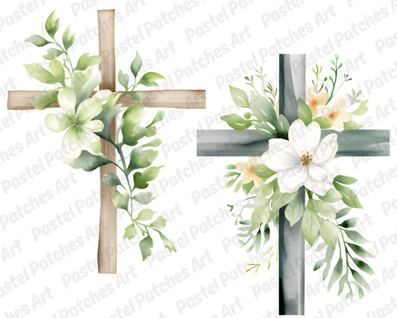 Easter Christian Cross Clipart Set | Watercolor Floral Cross PNG for ...