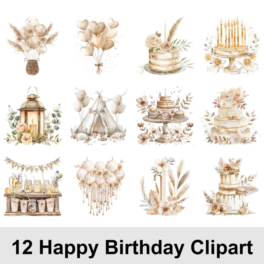 12 Watercolor Birthday Clipart Bundle • Birthday Party PNG • Balloons ...