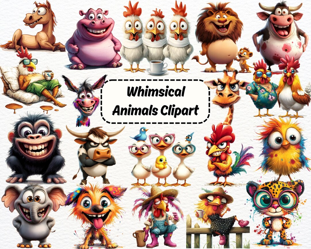 Whimsical Animals Clipart Bundle, Funny Cute Animal, Quirky Animals ...