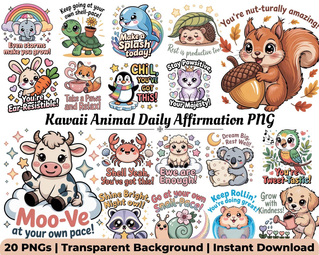 Kawaii Animal Daily Affirmation PNG Bundle | 20 Cute Animal Quotes ...