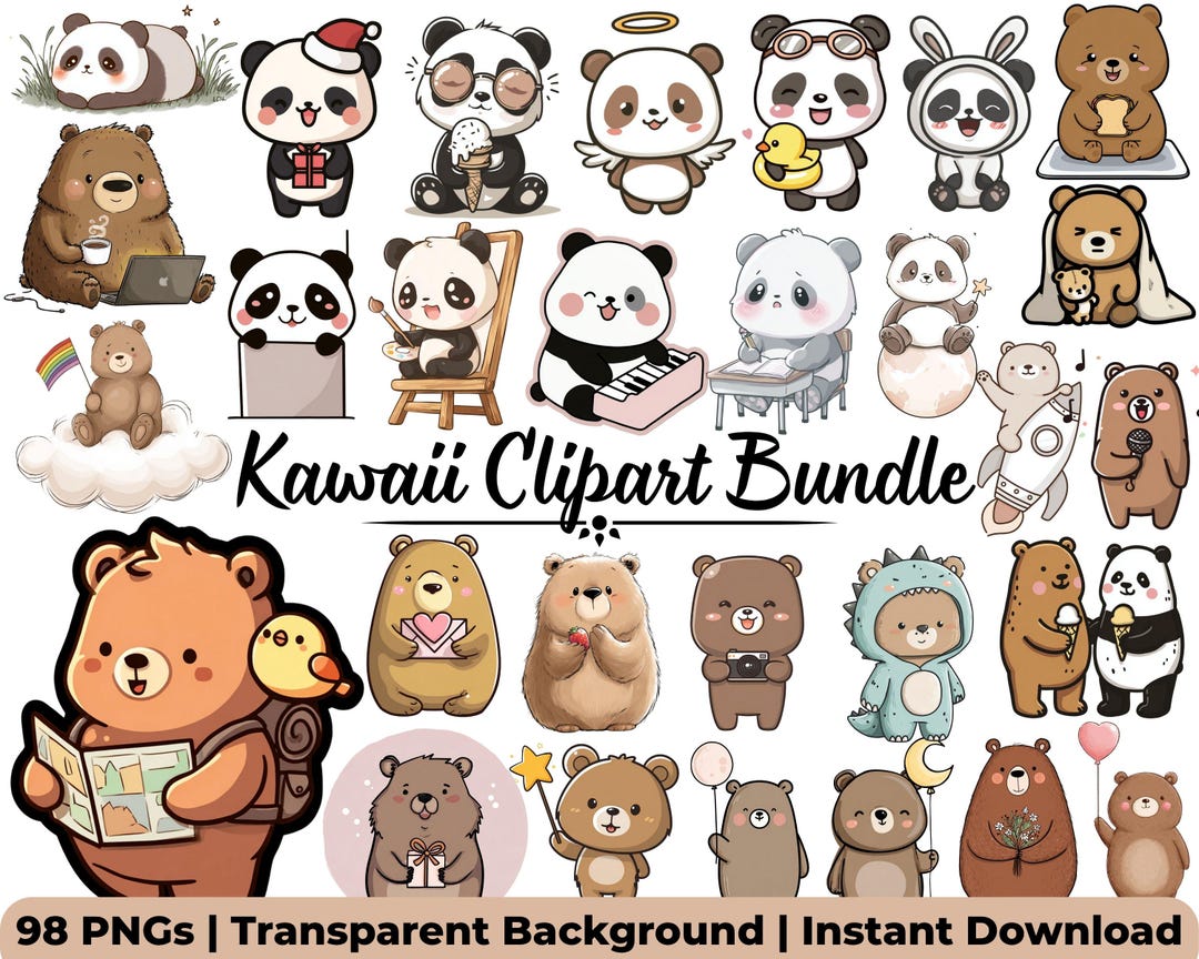 Kawaii Clipart Bundle With Cute Panda & Bear Pngs • Kawaii Clipart for ...