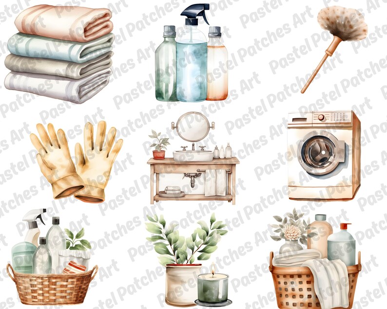 Housekeeping Clipart, Watercolor Cleaning Supplies, Cleaning Service ...