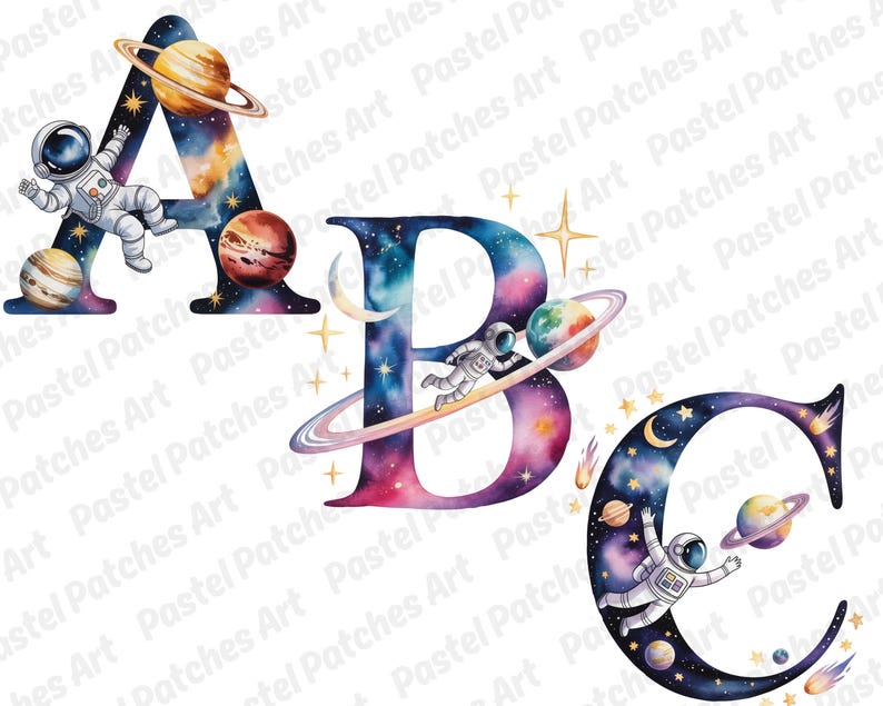 Space Alphabet Poster | Space Alphabet | Watercolor Galaxy Astronaut ...